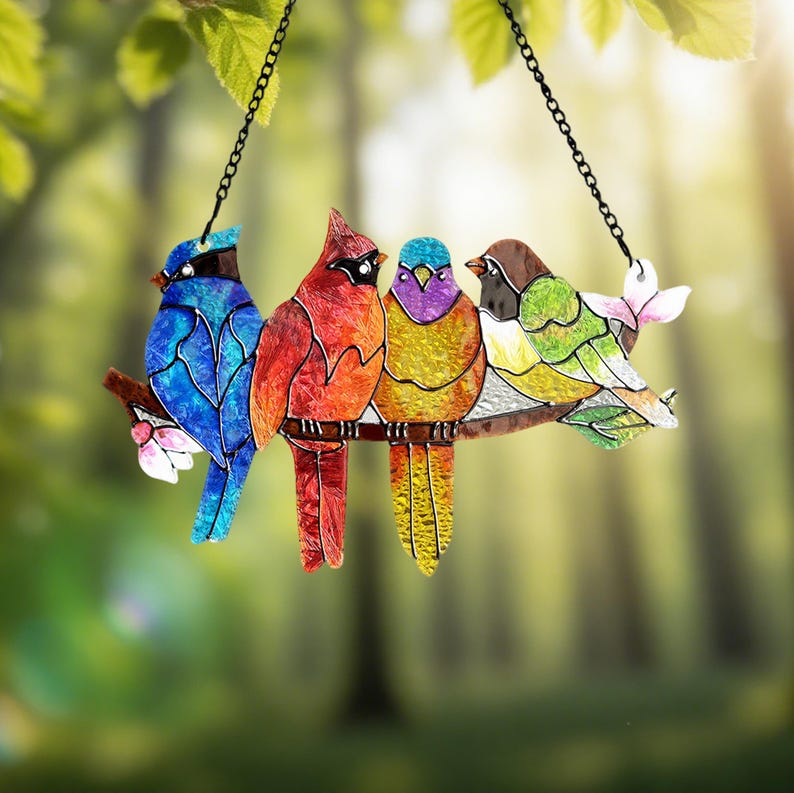Stained Glass Birds Suncatcher, Four Colorful Birds on Branch Window ...